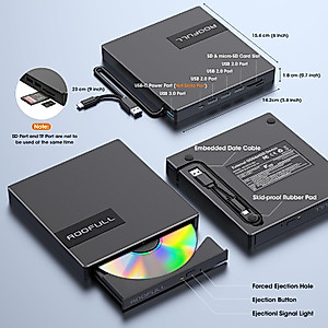 ROOFULL External CD DVD Drive USB 3.0 USB-C with 4*USB Ports and SD/TF Card Slot, Portable CD DVD Player Burner Optical Disc ROM/RW Reader Writer for Laptop PC Apple Mac Windows 11/10 Linux Computer