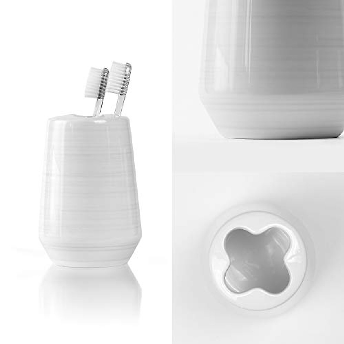 Willow&Ivory Bathroom Accessories Set | 4 Piece, Ceramic Bath Set | Toothbrush Holder, Soap Dispenser, Soap Dish & Tumbler | White Oak Collection