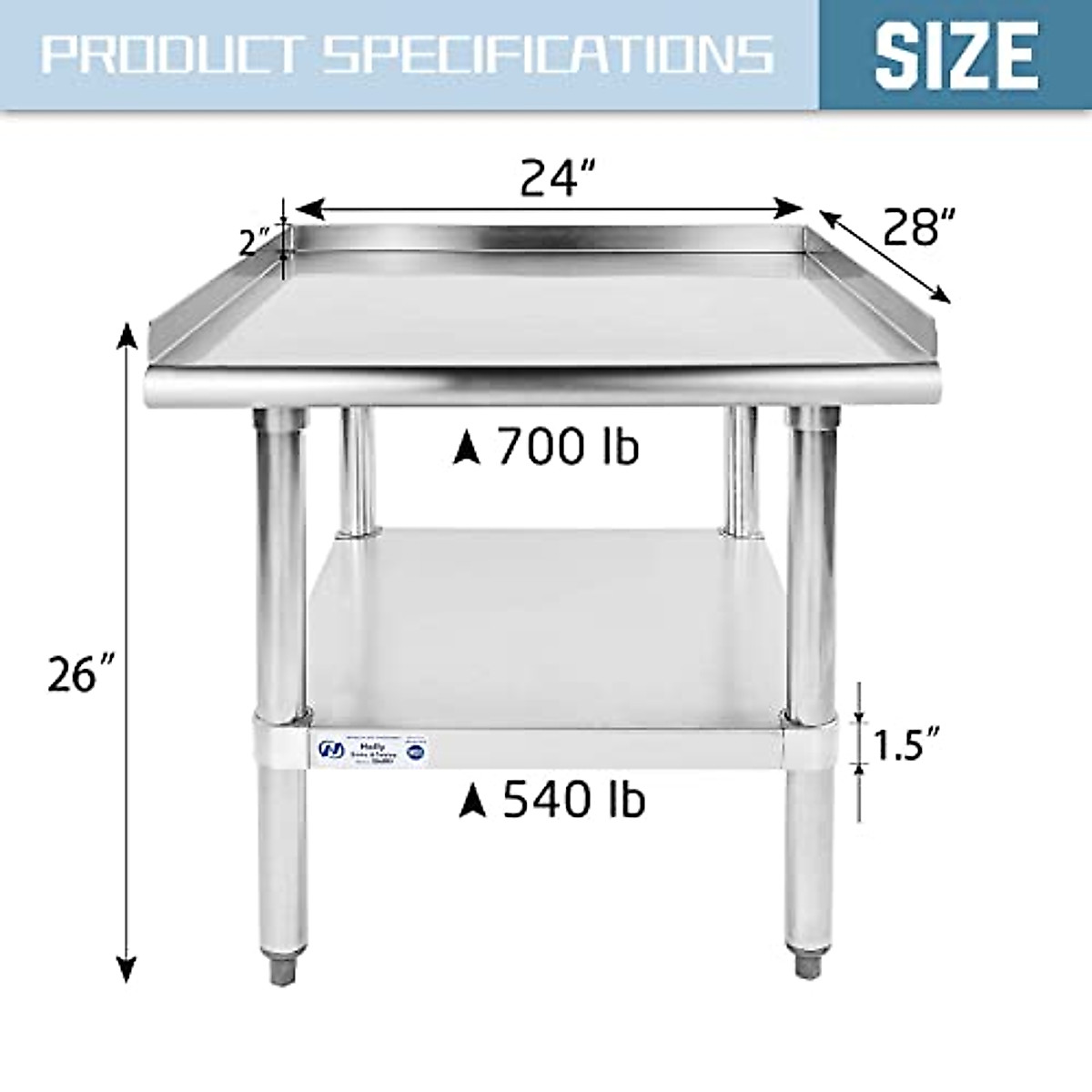 Hally Stainless Steel Equipment Stand 28x24 Inches with Undershelf, NSF Commercial Prep & Work Table with Rear and Side Risers, Heavy Duty Grill for Kitchen, Bar, Restaurant, Home and Hotel
