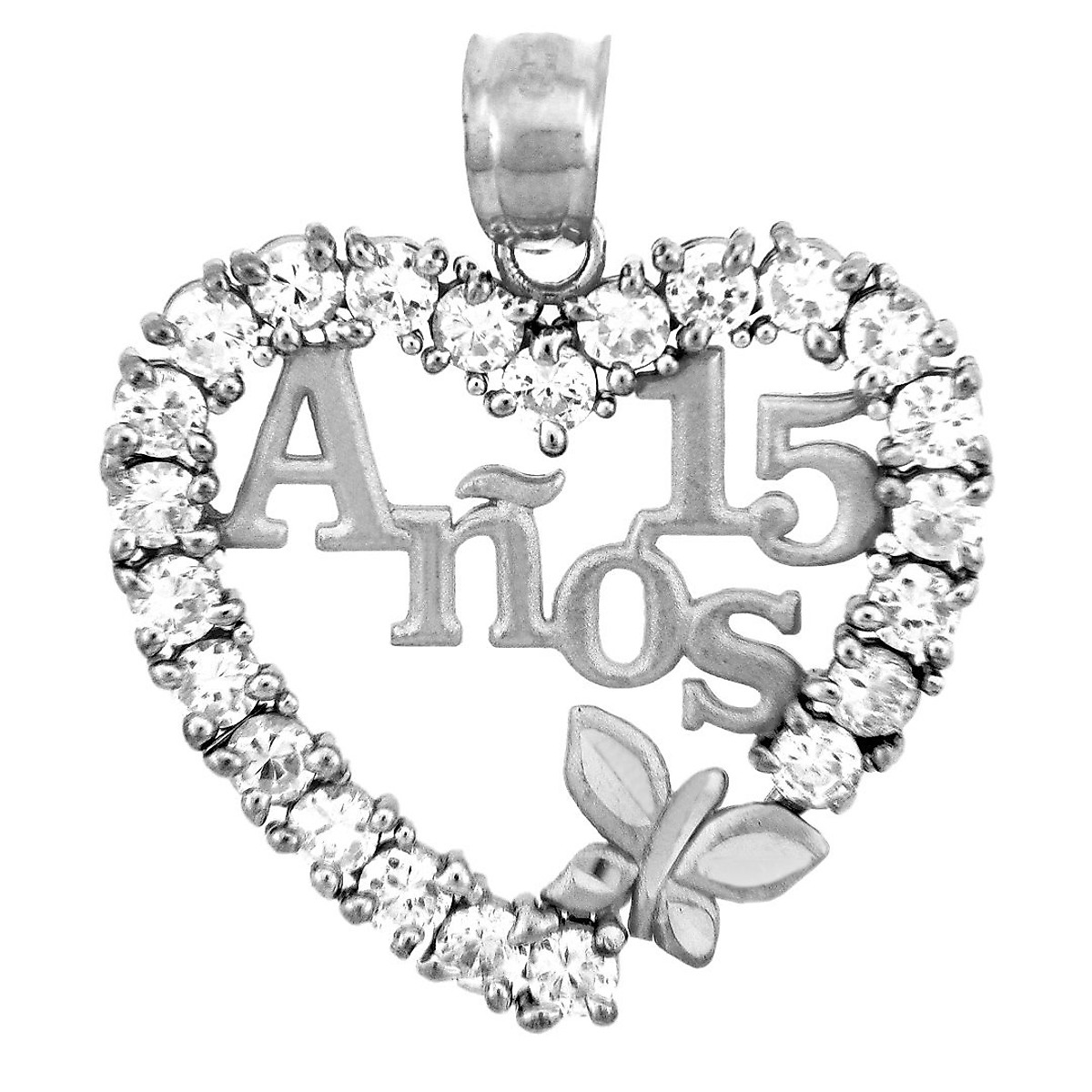 Sterling Silver Sweet 15 Anos Quinceanera Necklace with Cubic Zirconia Heart with Butterfly, 16"