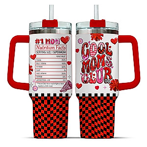 99WHALE Cool Moms Club Gifts, Tumbler 40 Oz With Handle Lid And Straw, Red Print Green Daisy Water Straws Simple Simply Handle Tumblers, Mom Retro Groovy Checked Nutrition Facts