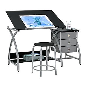 SD STUDIO DESIGNS 2 Piece Comet Craft Table | Angle Adjustable Top and Stool | Silver/Black