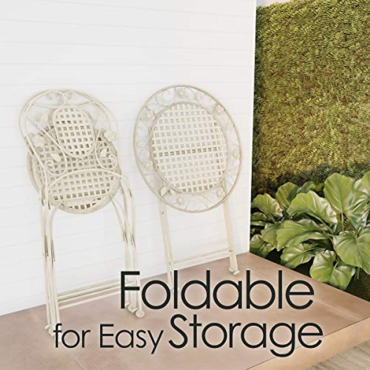 Lavish Home 80-OUTD-1 Outdoor Furniture for Garden, Patio, Porch Folding Bistro Set – 3PC Table and Chairs with Lattice & Leaf Design, White