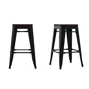 Kmax Industrial Metal Bar Stools Set - Counter Height Bar Stools Chairs Wood Seat Without Backrest Indoor Outdoor, 26", Set of 4, Black