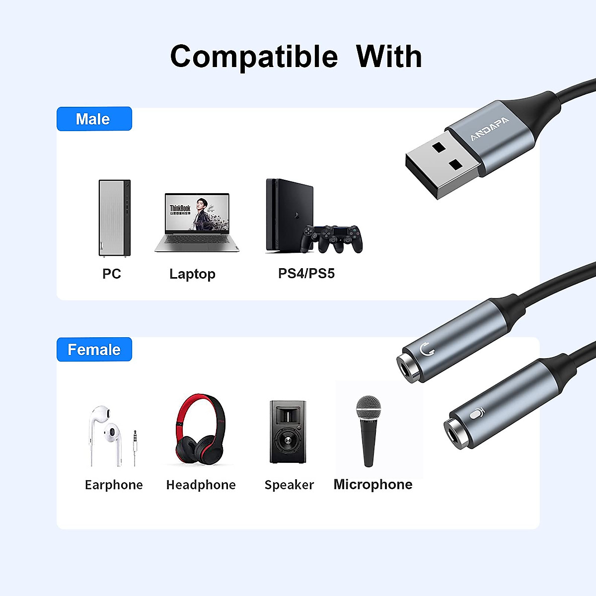 USB Headset Adapter,ANDAPA USB Audio Adapter Stereo External Sound Card with 3.5mm Headphone and Microphone Jack for Windows Mac Linux PC Laptops Desktops PS5