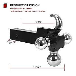 YITAMOTOR Trailer Hitch Tri Ball Mount with Hook, Multi Hitch Ball Mount Fits 2" Hitch Receiver, 1-7/8", 2", 2-5/16" Tri Ball Hitch (Black&Chrome)