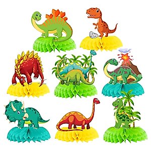 8 PCS Dinosaur Birthday Party Decorations Supplies for 1 2 3 5 Year Old Girls Boys, 7.9inch Big Honeycomb Centerpiece Table Decorations, Multi-colored Dinosaurs Party Favors for kids 4-8 Jamonxi