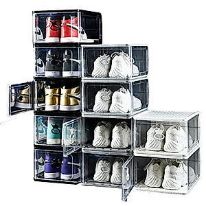 SavIz Stackable Shoe Organizer - 4 Pack - Sneaker Collection - Organize, Protect, Store Sneakers - Compact Shoe Rack - Individual Cubes - Dust, Crease Proof - White/Black (Black)
