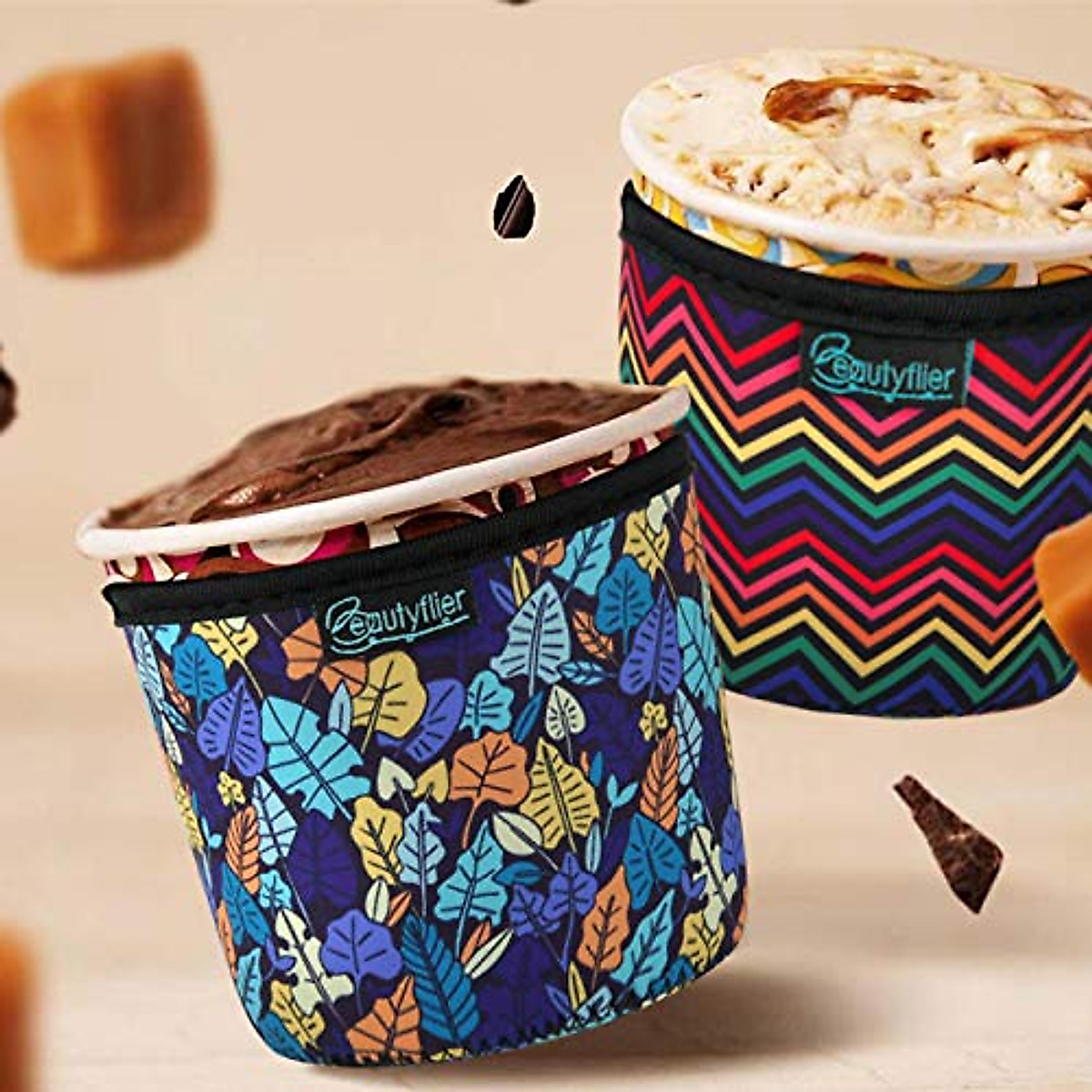 Beautyflier 2-Pieces Pint Sized Ice Cream Cozy Thicken Neoprene Ice Cream Sleeves with Elastic Handle Cover (Geometry + Plant)