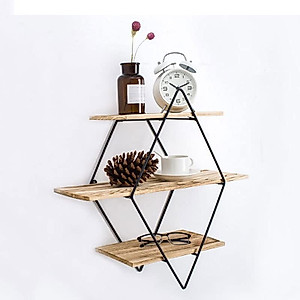 TJLSS Living Room Bedroom Metal Wall Shelf Racks Wrought Iron Wall Hanging Wooden Wall Storage Rack Creative Wall Partition