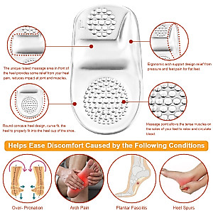 Heel Cushions Cups Shoe Insoles for Achilles Tendinitis, Plantar Fasciitis, Arch Support Shoe Inserts for Flat Feet, Gel Heel Pads for Heel Pain, Heel Spurs-Two Pairs (Small, Clear)