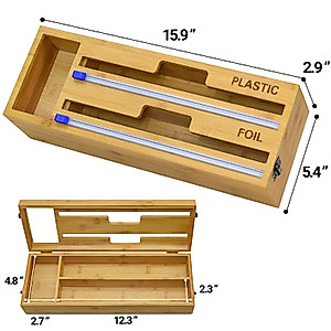 Bamboo Aluminum Foil Dispenser with Cutter, Foil and Plastic Organizer for Drawer, Plastic Wrap Dispenser with Cutter for Kitchen Drawer and Cabinet Organizer, Foil Organization and Storage Holder 1