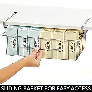 mDesign Large Metal Wire Hanging Pullout Drawer Basket - Sliding Under Shelf Storage Organizer - Attaches to Shelving - Easy Install - Silver