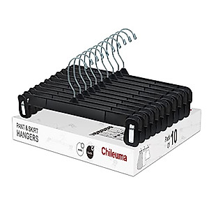 Chileuma 10 Pack Clothes Pants Hangers, Space-Saving, 360° Swivel Hooks, Trousers Pants Clothes Shorts Skirt Jeans Hangers, Plastic Pant Hangers with Clips for Closet, Black