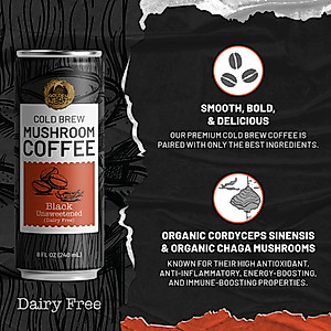 Golden Nest Cold Brew Mushroom Coffee | Ready to Drink Cold Brew Coffee with Organic Chaga & Cordyceps Mushroom | All Natural No Preservatives Dairy-Free | 8 Fl Oz Can (Black Unsweetened, 8 FL Oz (Pack of 6))