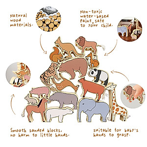 Xylolin Wooden Zoo Animal Blocks Stacking and Balancing Toy, Toddler Wood Animal Figures Blocks Imaginative Play, Preschool Educational Toys and Stack Balance Games for Kids