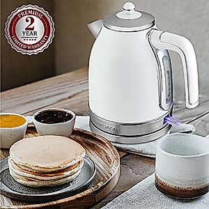 Ovente Electric Stainless Steel Hot Water Kettle 1.7 Liter Victoria Collection, 1500 Watt Power Tea Maker Boiler with Auto Shut-Off Boil Dry Protection Removable Filter and Water Gauge, White KS777W