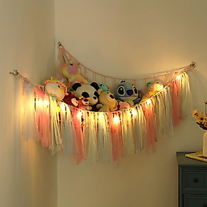 MKO SHUN Stuffed Animal Toys Hammock with LED Light, Stuffed Doll Hanging Corner Holder for Home Storage, Large Hanging Net -Display Teddies for Bedroom, Pink Decor Organizer