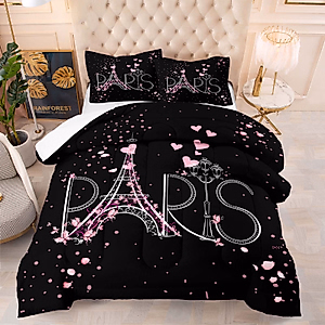 HAOHAY Eiffel Tower Comforter Set Chic Paris Bedding Set Romantic Theme Comforter for Boys Girls Children Teens Black Pink Bedroom Decor Modern French Style Comforter Set Full Size with 2 Pillow Case