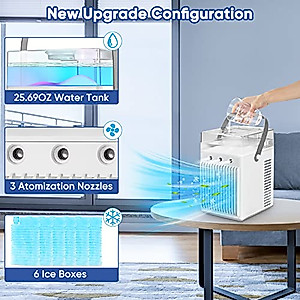 ELLASSAY Mini Air Conditioner, 4 IN 1 Portable Air Cooler, 3 Speeds Evaporative Air Cooler, Desk Air Conditioner Room Car Office Camping 2000mAh Battery Powered & Type-C Rechargeable Grey/White