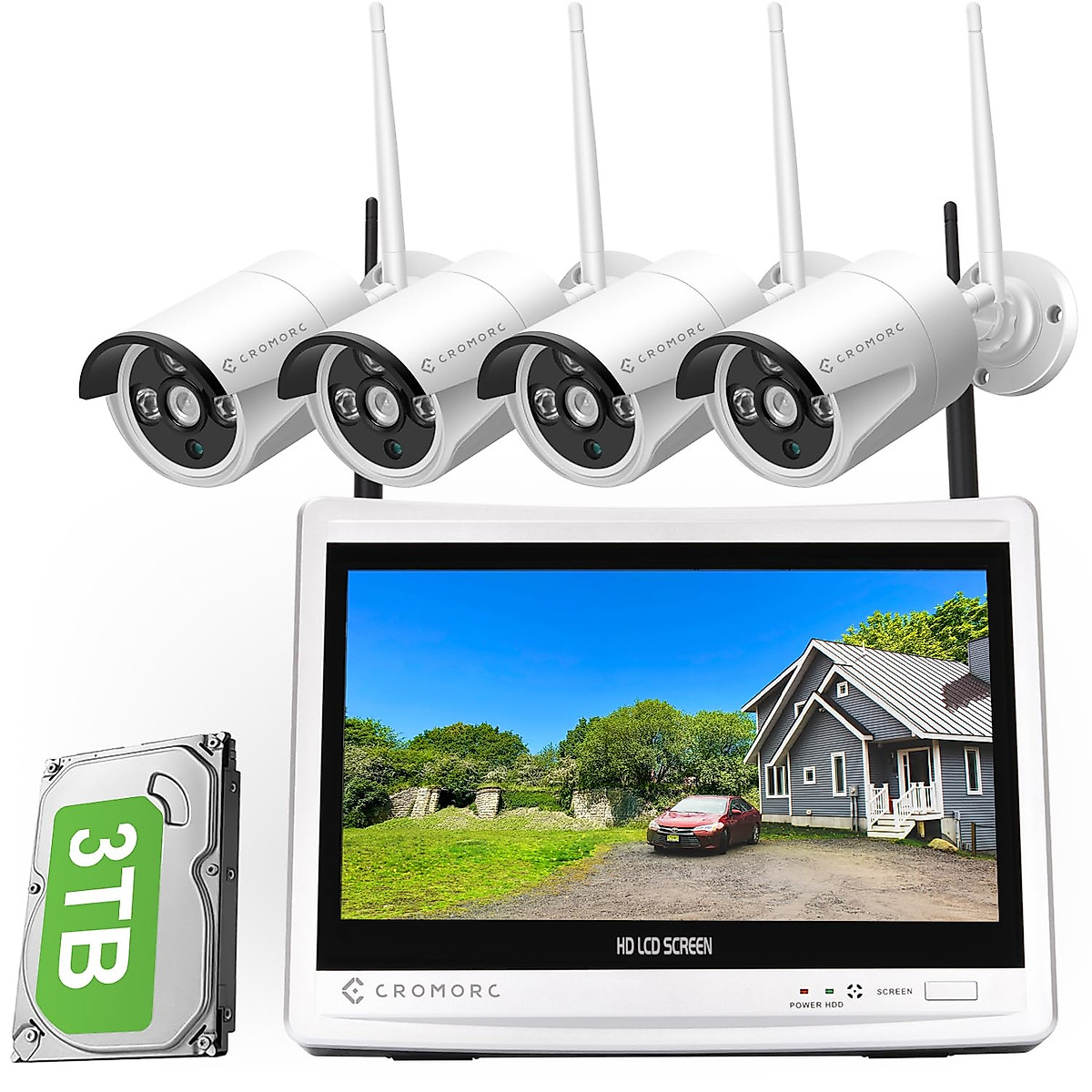 Cromorc Wireless Security Camera System 12.5" Monitor,Home Business Surveillance Expandable 10CH NVR,4pcs 5MP Outdoor Indoor Night Vision 1-Way Audio Camera,Human Detection 3TB HDD