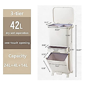 jxgzyy 3 Tiers Kitchen Garbage Sorting Trash Cans 16.54x11x33.07" Trash and Recycling Combo Dry and Wet Separation Can Classification Trash Bin Kitchen Plastic Garbage Can Dual Trash Can Recycle