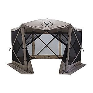 Gazelle G6 6-Sided 12 Foot x 12 Foot Pop Up Portable 8 Person Camping Gazebo Day Tent with Hub Design and Mesh Screen Windows, Desert Sand