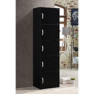 HODEDAH 5 Door Bookcase Cabinet, 5-Shelf, Black