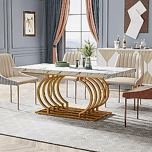Tribesigns Modern Dining Table, 63 inch Faux Marble Wood Kitchen Table for 6 People, Rectangular Dinner Room Table with Geometric Frame for Kitchen, Dining Room (White & Gold)
