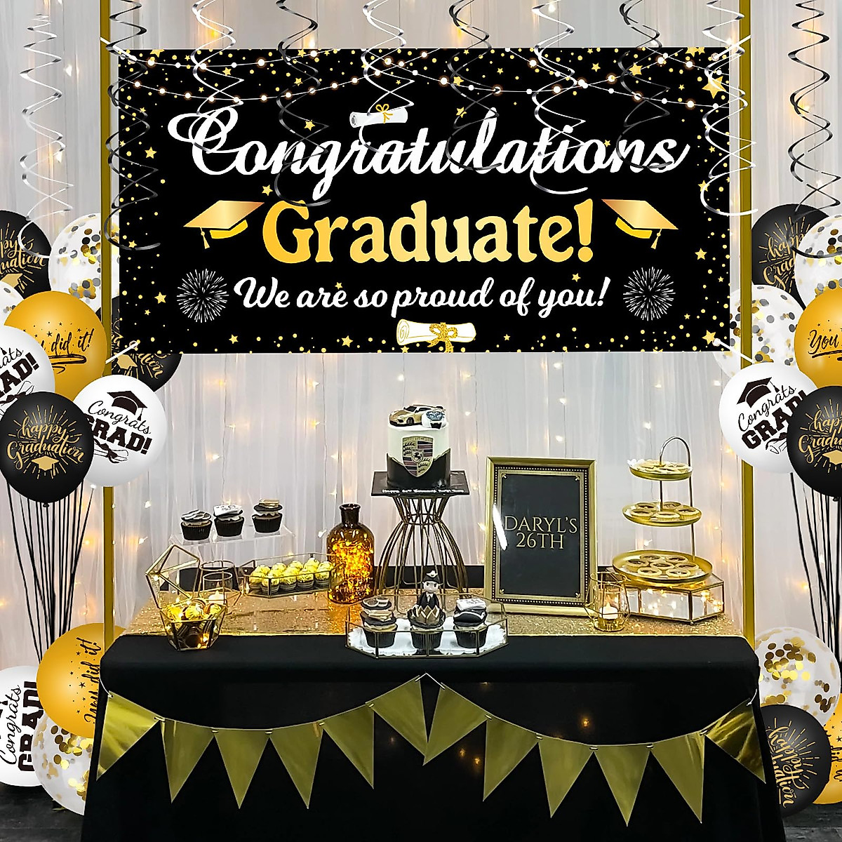 AKEROCK Graduation Decorations Class of 2025, Congratulations Graduate Banner for Graduation Party Decorations, Graduation Banner/Congrats Grad Banner, 32 Balloons & 10 Hanging Swirls Included - Black