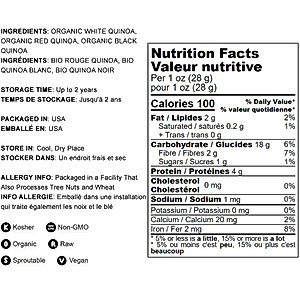 Food to Live Organic Tri-Color Quinoa, 3 Pounds — Non-GMO, Blend of White, Black, and Red Quinoa, Whole Grain, Non-Irradiated, Kosher, Vegan, Sproutable, Sirtfood, Bulk. Source of Fiber, Protein