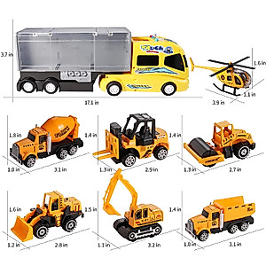 Construction Truck Toys Kids with Game Mat, Carrier Truck Alloy Engineering Vehicle Truck Toy Set, Excavator, Dump Tractor Helicopter Die cast Christmas Birthday Gifts for Kid Toddler Child Age 3 4 5