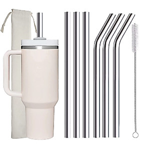6 Pack Stainless Steel Metal Straws Replacement for Stanley Cup 40 oz Stanley Tumbler Accessories Straws, 0.38'' Wide 12'' Long Reusable Straws with 1 Cleaning Brush, 3 Straight 3 Bent Metal Straws