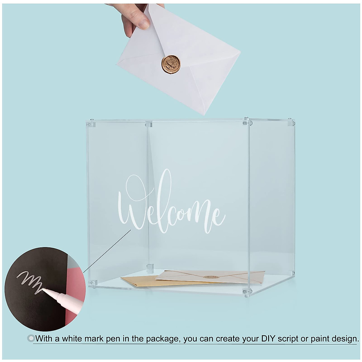 MaiiTiproll All Clear Acrylic Card Box, DIY Wedding Box with Your DIY Print, Assembly Box for Reception/Wedding Box/Party Graduation & Birthday Baby Shower Decorations(10x10x8.5)