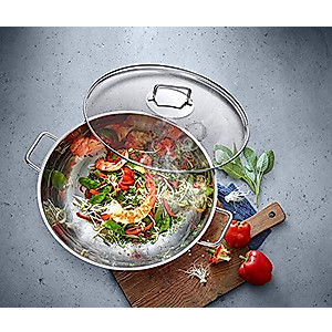 WMF Macao Induction Wok Set, 2 Pieces, Wok Pan 36 cm with Glass Lid, Polished Cromargan Stainless Steel, Uncoated