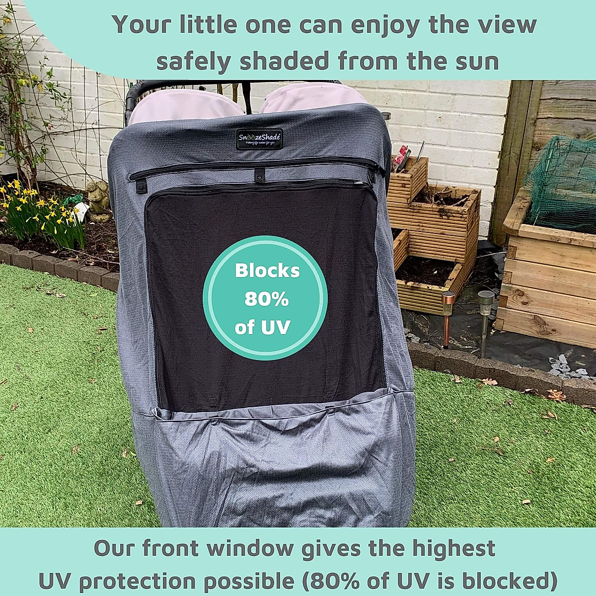 Double Stroller Sun Shade (6m+) | Universal Sun Cover for Twin Strollers | Helps Naps and Blocks 97.5% of The Sun's Rays (UPF40+) | SnoozeShade Twin Deluxe…