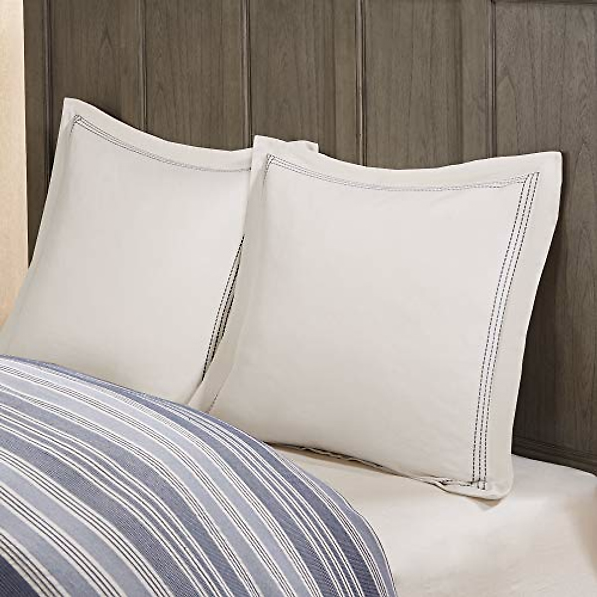 Madison Park Signature Cozy Comforter Set - All Season Bedding Combo Filled Insert and Removable Duvet Cover, Shams, Decorative Pillows, Stripe Blue King (110 in x 96 in) 10 Piece