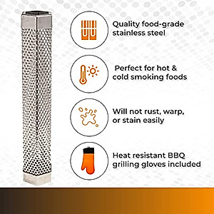 ConveniPro Pellet Smoker Tube & Heat Resistant BBQ Glove | 12 Inch Smoker Box Tube For All Electric, Gas, Charcoal Grills & Smokers | Suitable For Hot & Cold Smoking