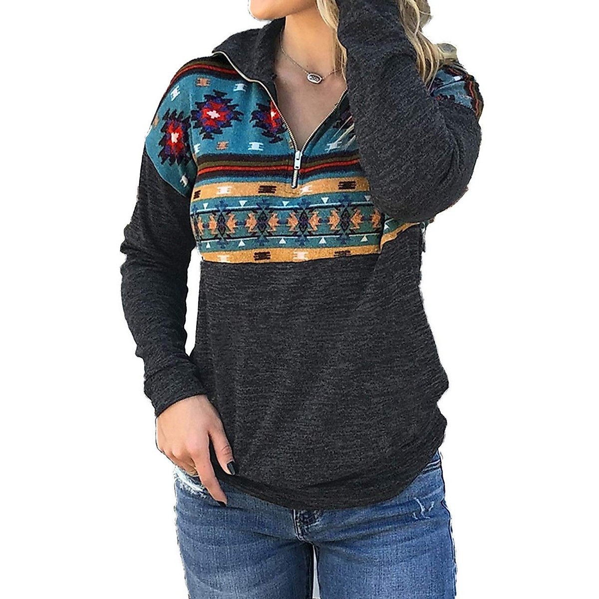 Voopptaw Womens Floral Print Casual Pullovers 1/4 Zipper Stand Collar Sweatshirts Tops with Pockets (Blue, X-Large)
