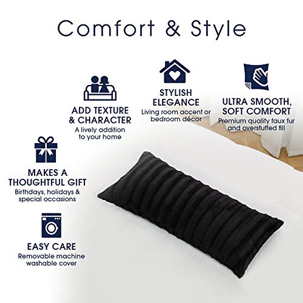 Cheer Collection Faux Fur Throw Pillow - 18" x 40" Long Decorative Body Pillow for Bed or Couch, Black