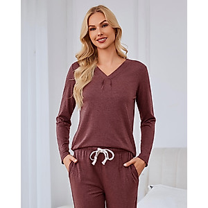 difficort Women's Pajama Sets Long Sleeve Lounge Sets Pjs Sleepwear with Pockets,Maroon,X-Large