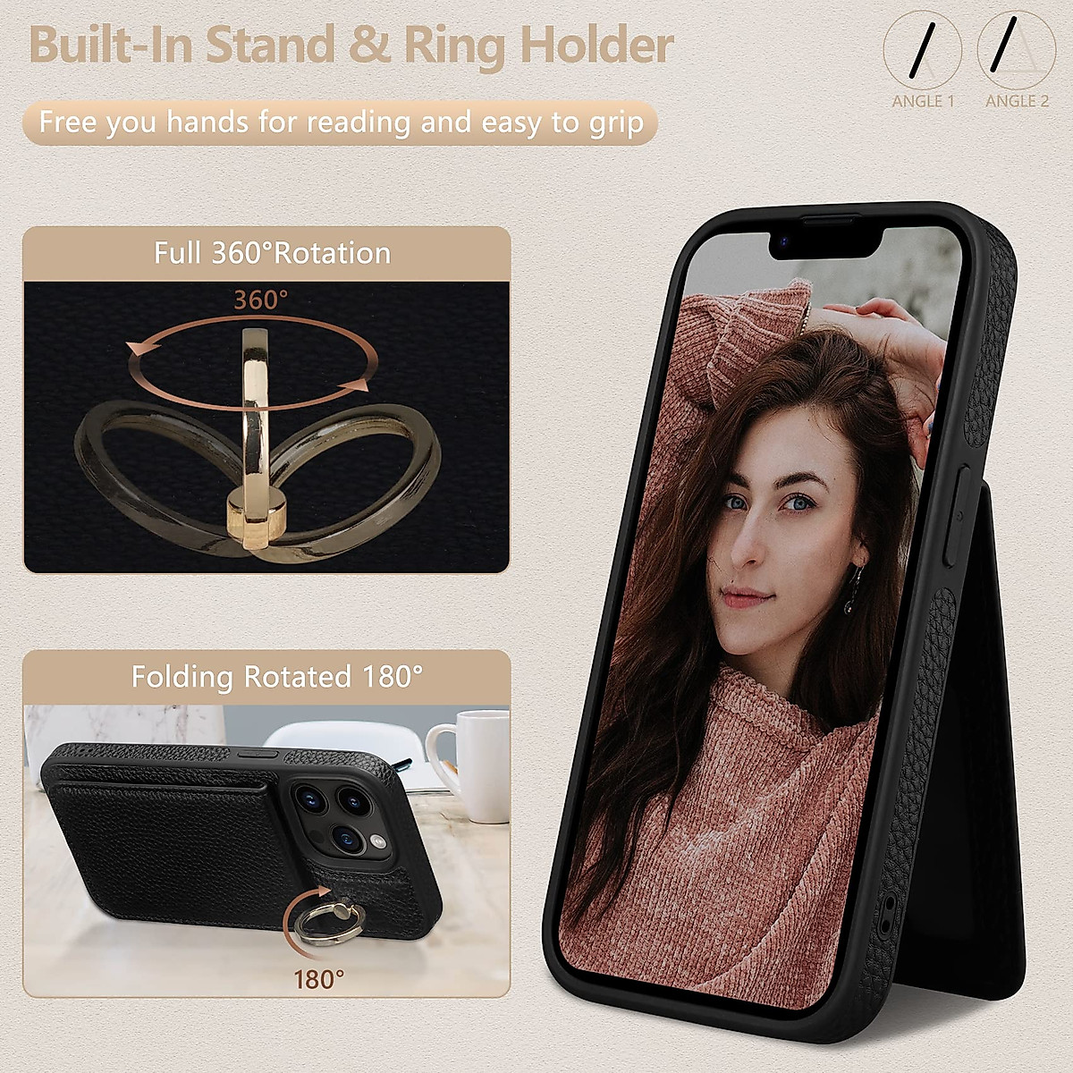 Keallce Case for iPhone 14 Pro 6.1'', Detachable Crossbody Case Wallet with RFID Blocking Card Holder, 360ｰRing Stand, Folio Leather Phone Cover Shoulder Lanyard Strap Lady for iPhone 14 Pro 5G, Black