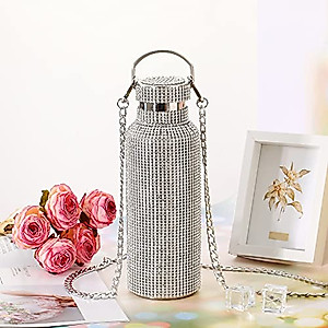 Diamond Water Bottle, Bling Rhinestone Vacuum Flask Glitter Thermos Bottles, Stainless Steel Insulated Water Bottle Refillable Water Bottle With Chain for Women Girl Gift (25oz/750ml, Silver)