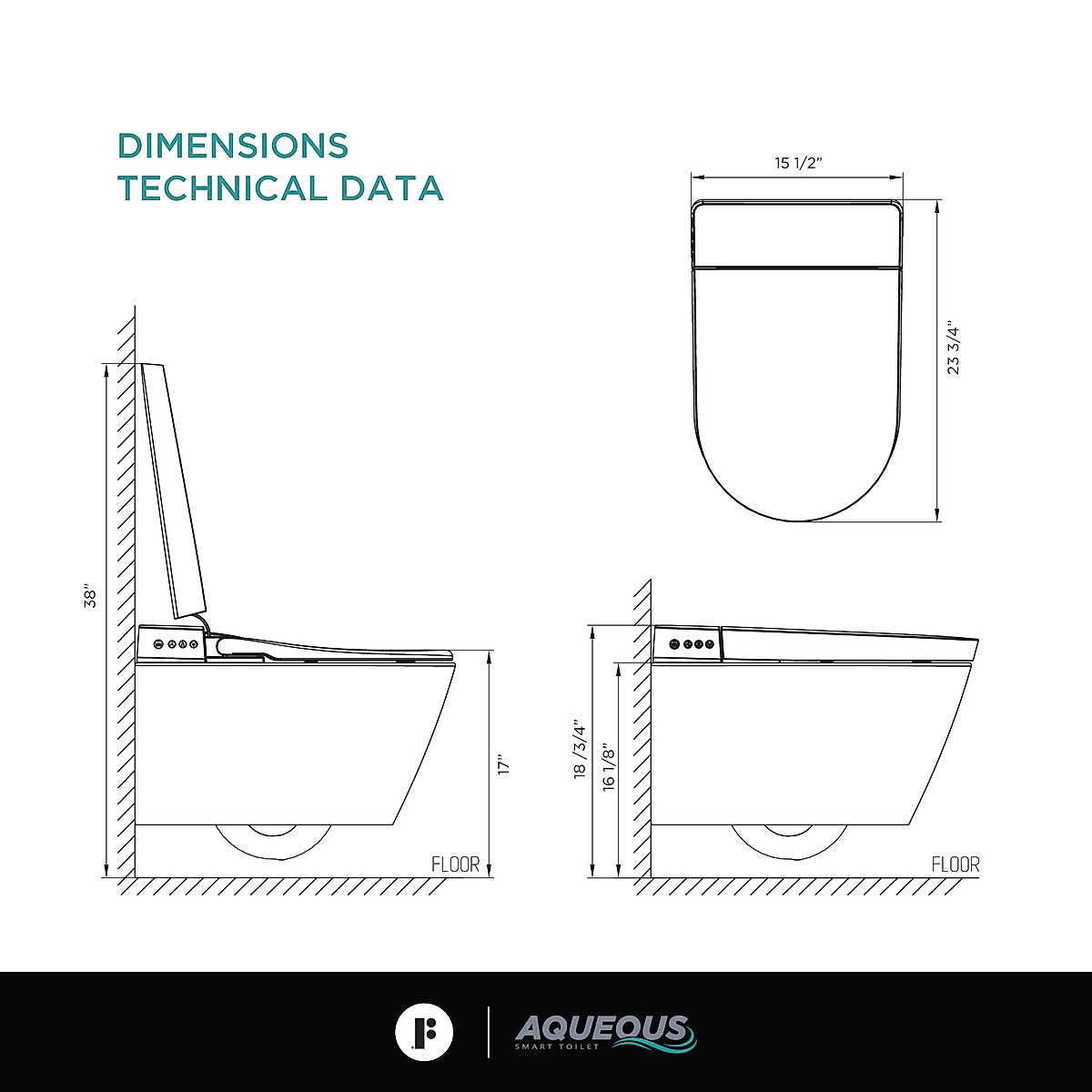 Aqueous In-Wall Smart Toilet Combo Set – Complete System with Toilet Bowl, Bidet Toilet Seat, Tank, Carrier for 2x4 Studs, Chrome Push Buttons, Round and Elongated Compatibility