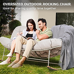 Grand patio Rocking Chair Outdoor, Oversized Rocking Chair for 2 with E-Coated Steel Frame and Thick Cushion, Comfy Papasan Rocking Chair for Patio Porch Deck Indoor
