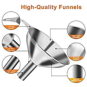 6 Pcs Stainless Steel Mini Funnels for Kitchen use. Large Tiny Small Funnel Set of 3, Metal Cooking Powder Food Grade Flask Funnels for Filling Bottles Liquor Water Spice, 2Pcs Cleaning Brushes VOPTON