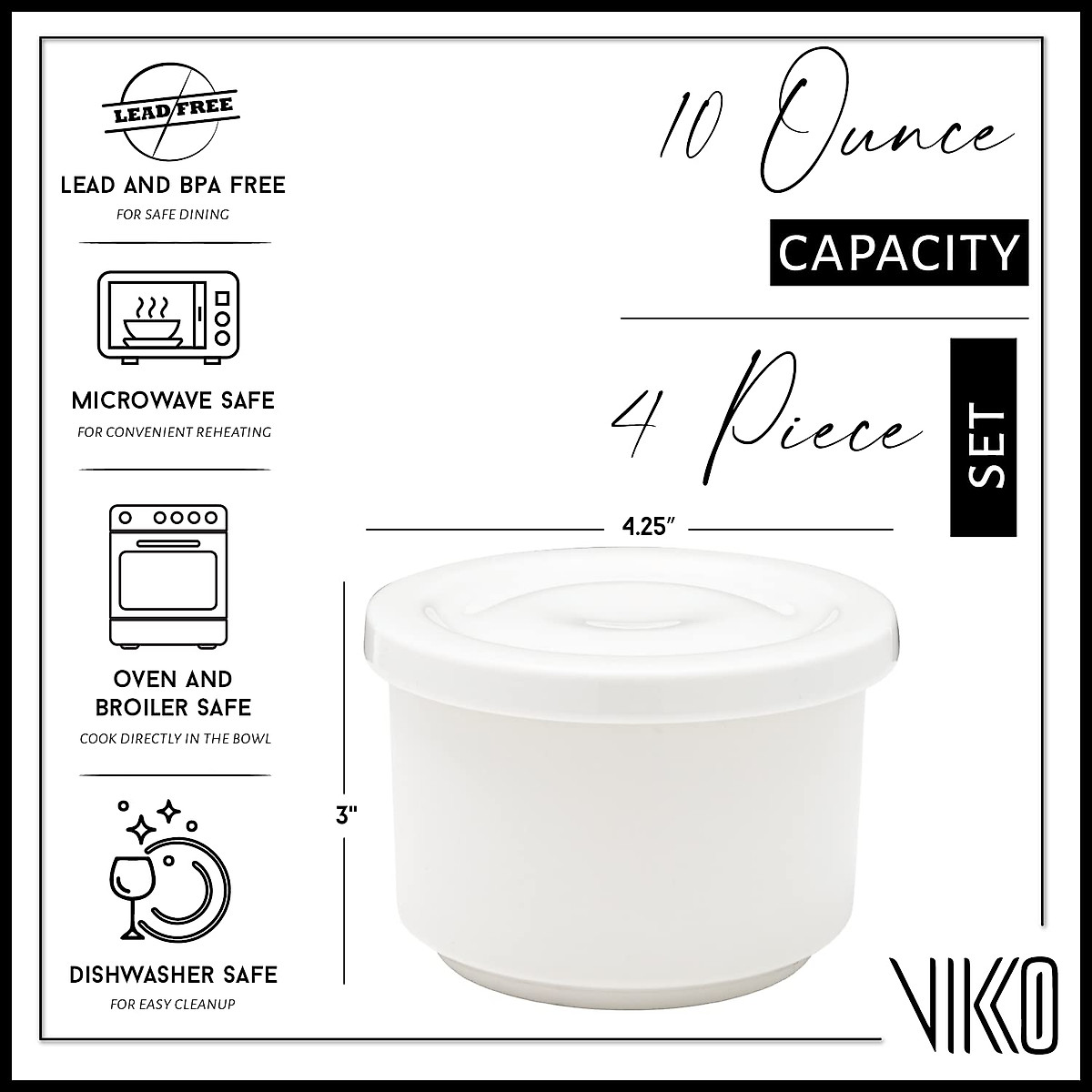Vikko Soup Crocks With Lids, 10 Ounce Modern White Soup Bowl with Cover, Set of 4 Soup Dishes, Dishwash Safe