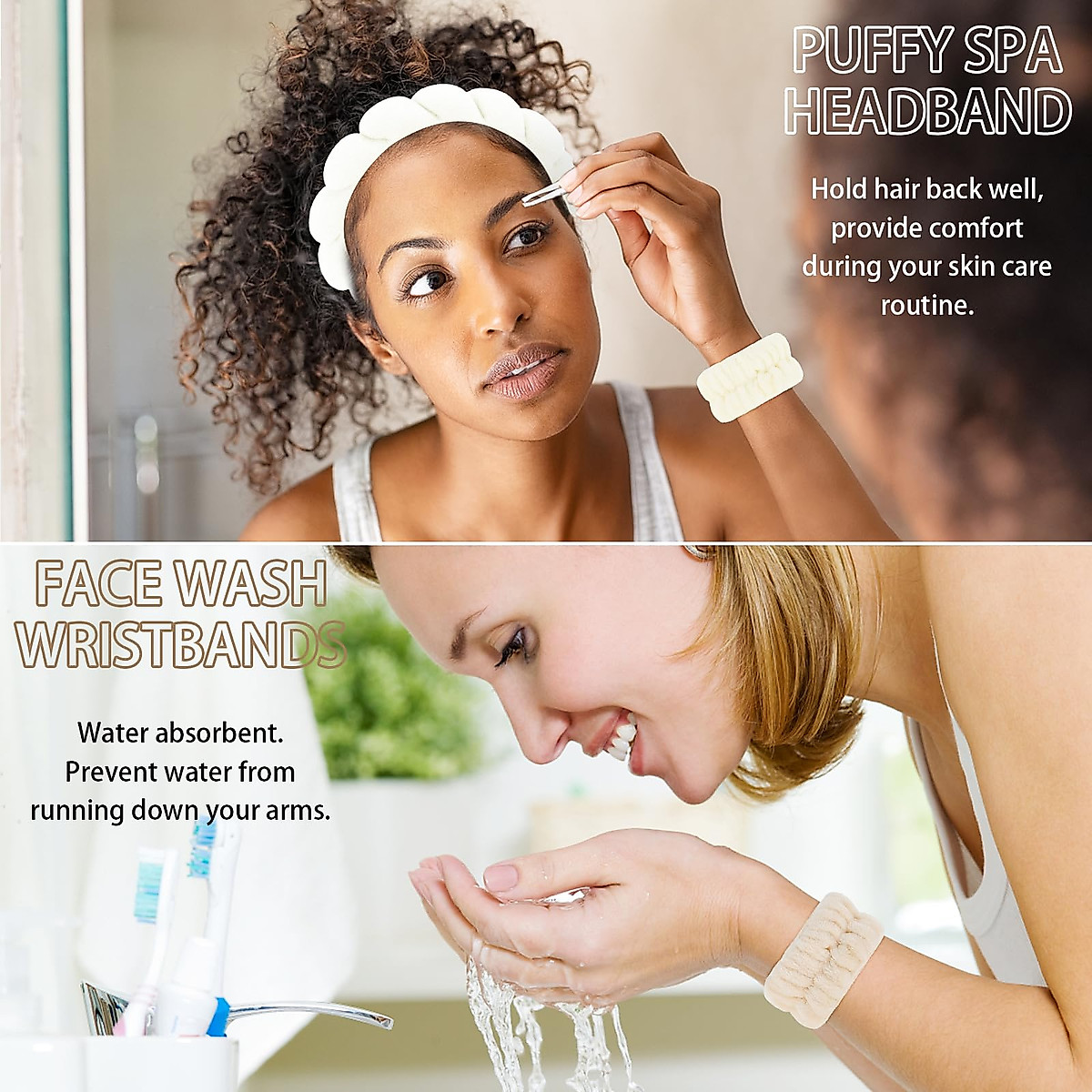 WHAVEL 6PCS Terry Cloth Spa Headband and Wristband Set, Makeup Headband Puffy Sponge Headband Face Wash Headband Hair Band Wrist Towels for Washing Face Women Girls (Beige, Light Coffee)