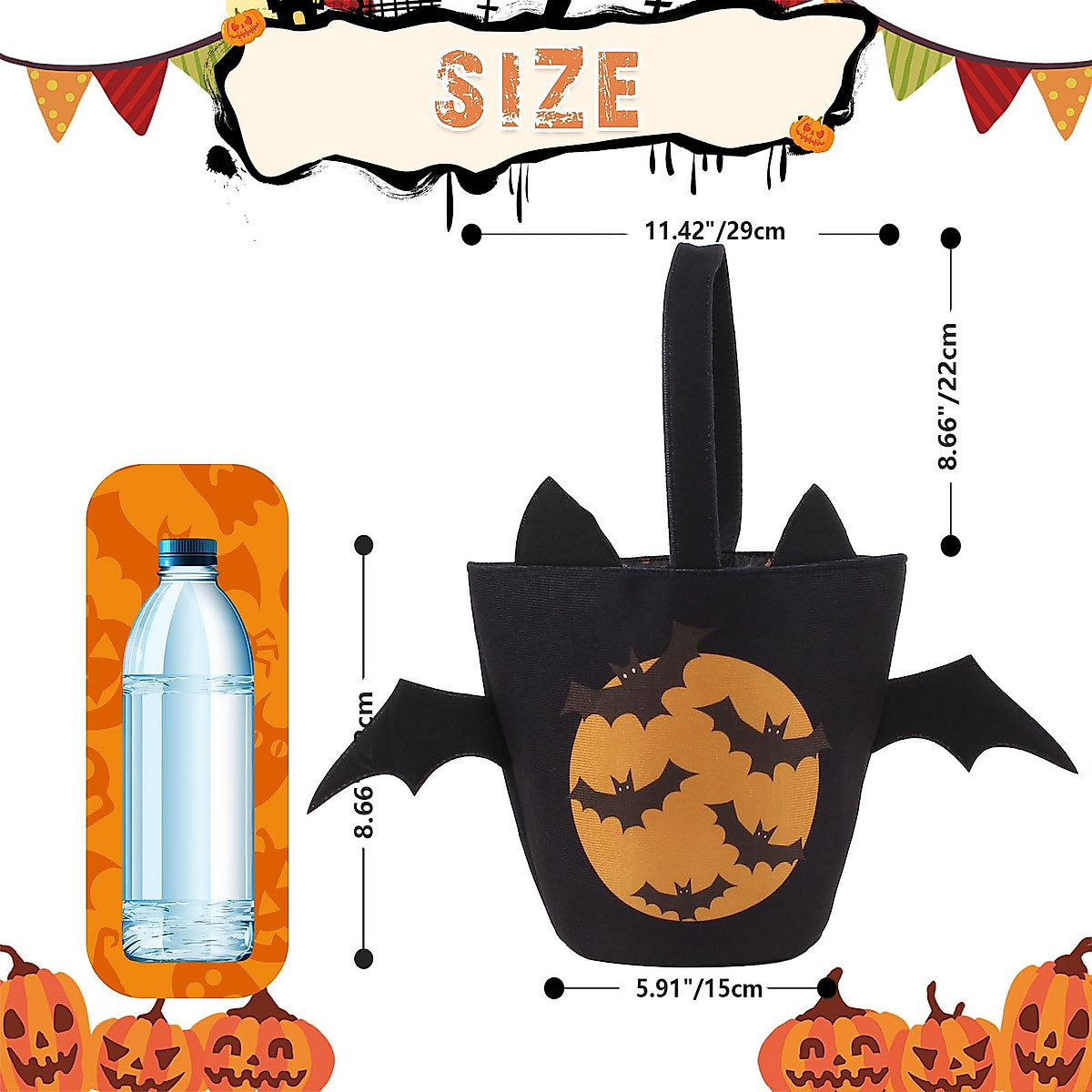 IDEA FAMILY Halloween Candy Trick or Treat Goodie Bags Kids Bat Bucket Basket with Handle Large Reusable Multipurpose Canvas Tote Bag Halloween Gifts Party Favors Supplies for Kids,Black
