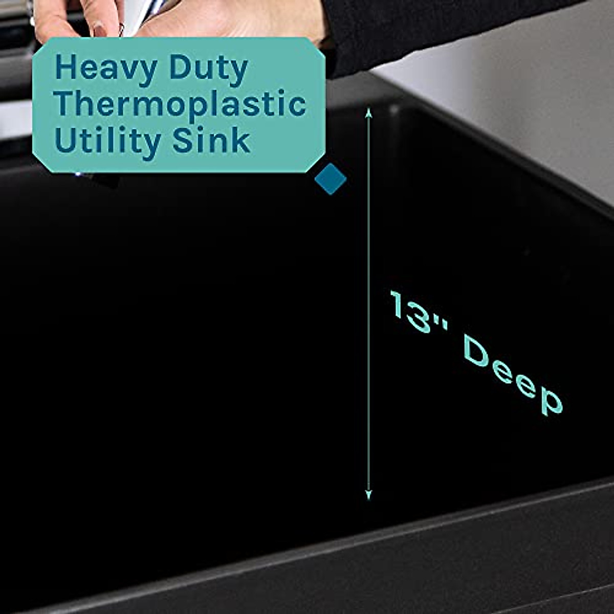 Laundry Sink Utility Tub With High Arc Metal Pull Down Faucet By JS Jackson Supplies Parent (Chrome Faucet, Black Tub)